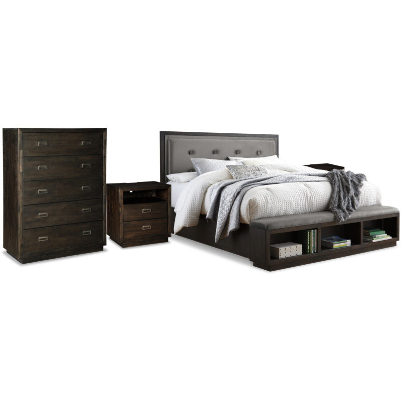 Hyndell King Upholstered Panel Storage Bed Chest and 2 Nightstands Ashley Furniture Brunei
